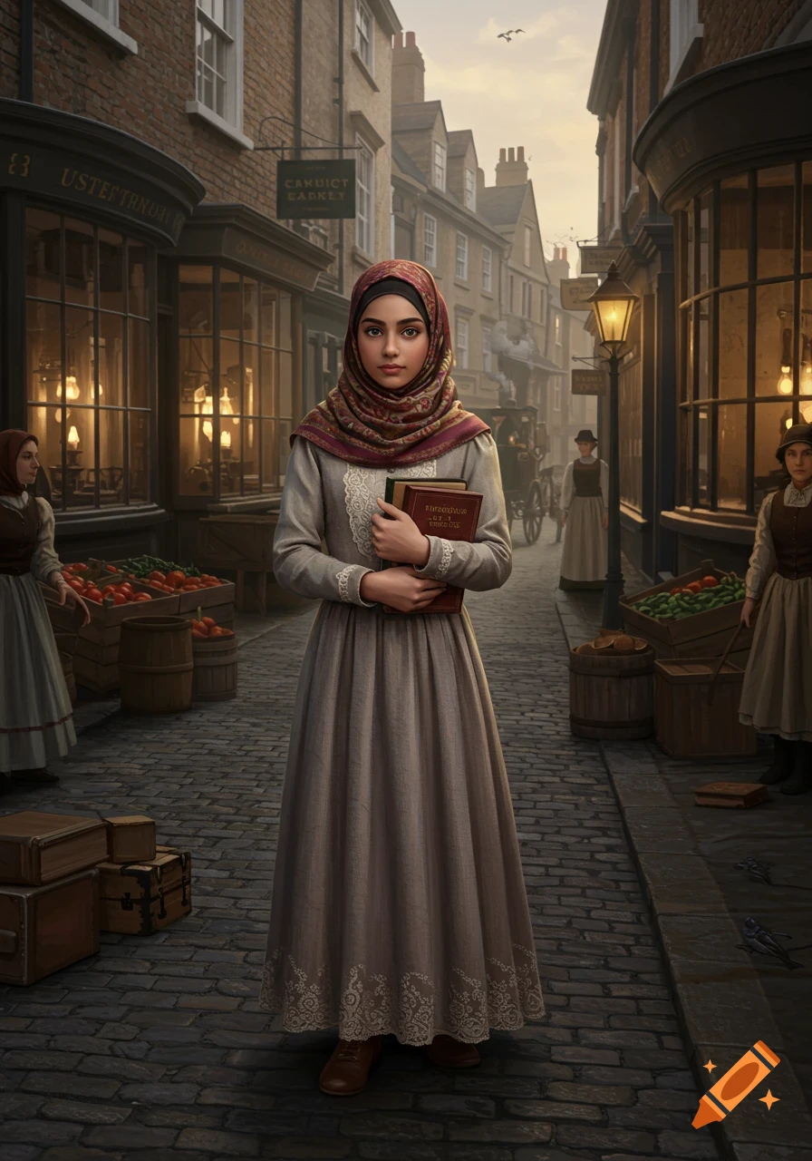 A concerned medieval peasant woman clutching her hands stands in a ...