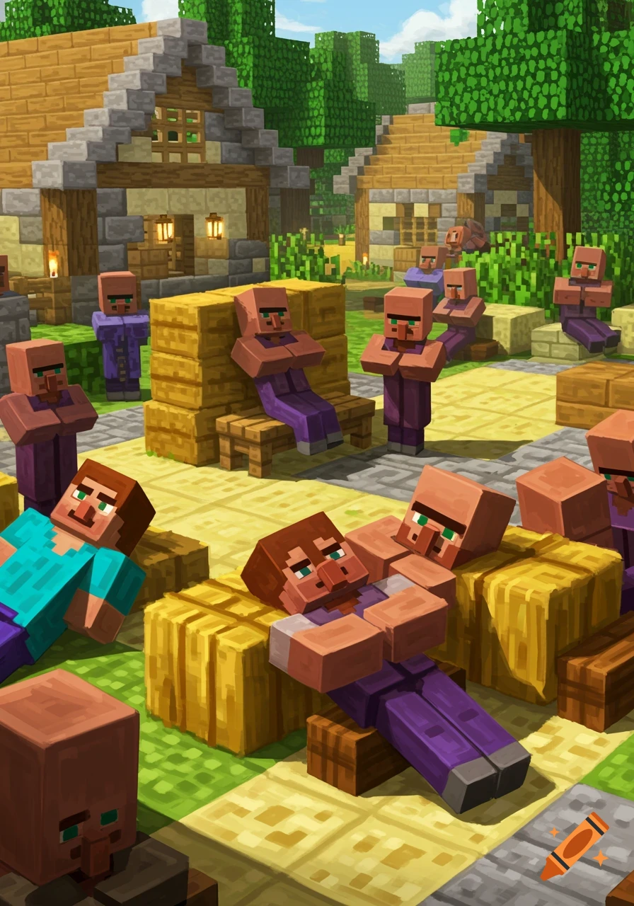 A blocky Minecraft village scene with villagers and a Steve-like ...