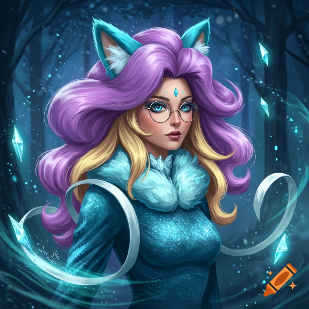 A pink cat girl in a vibrant dress poses in a magical sky with ...