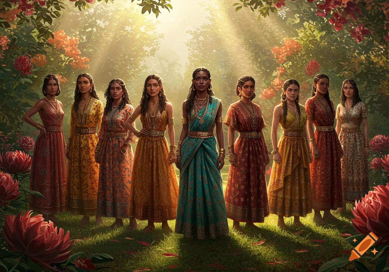 Eight women in colorful traditional dresses and jewelry stand in a lush ...