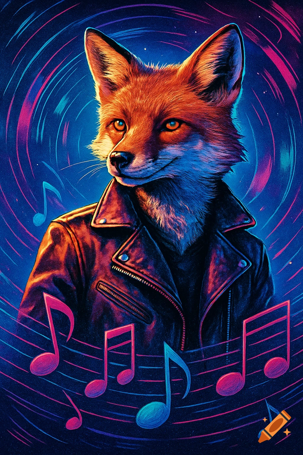 A stylized illustration of a fox in a leather jacket, surrounded by ...