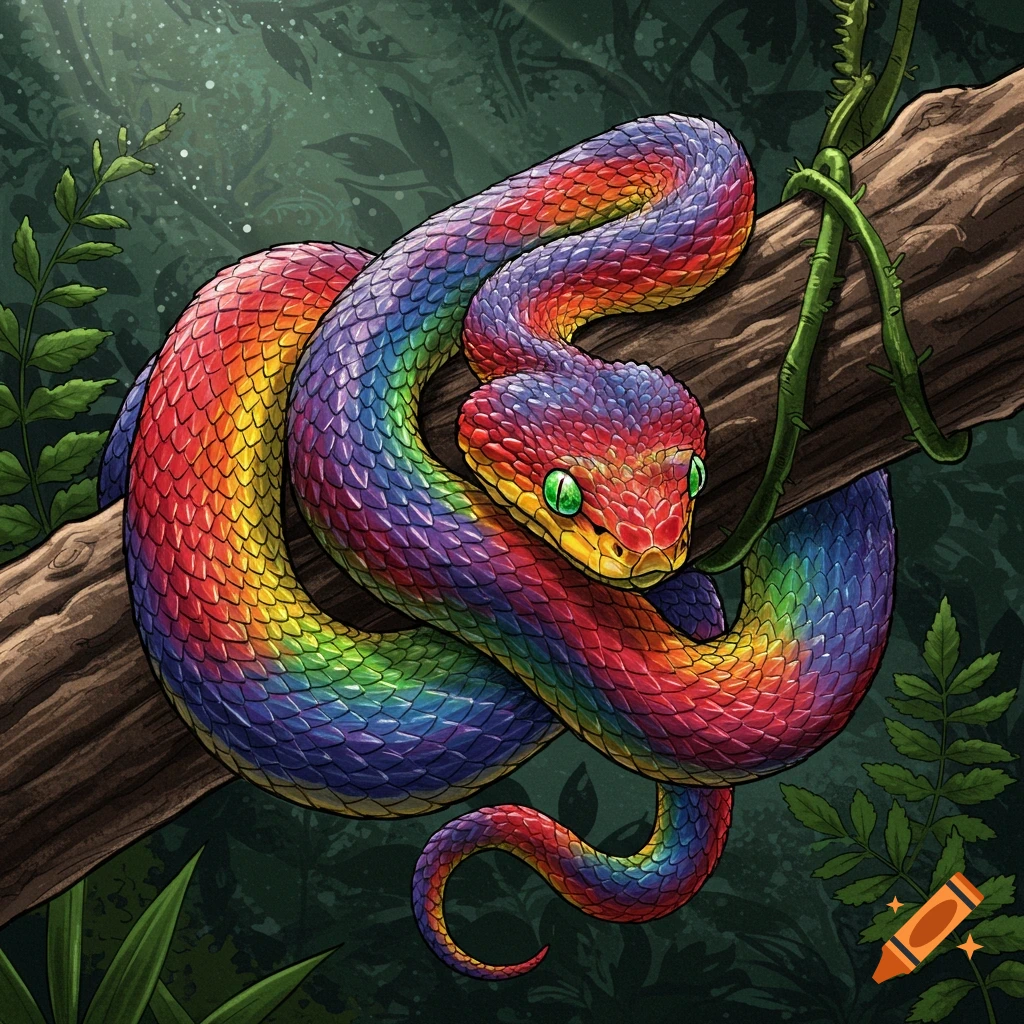 Two vibrant red snakes with yellow eyes coiled around dark tree ...