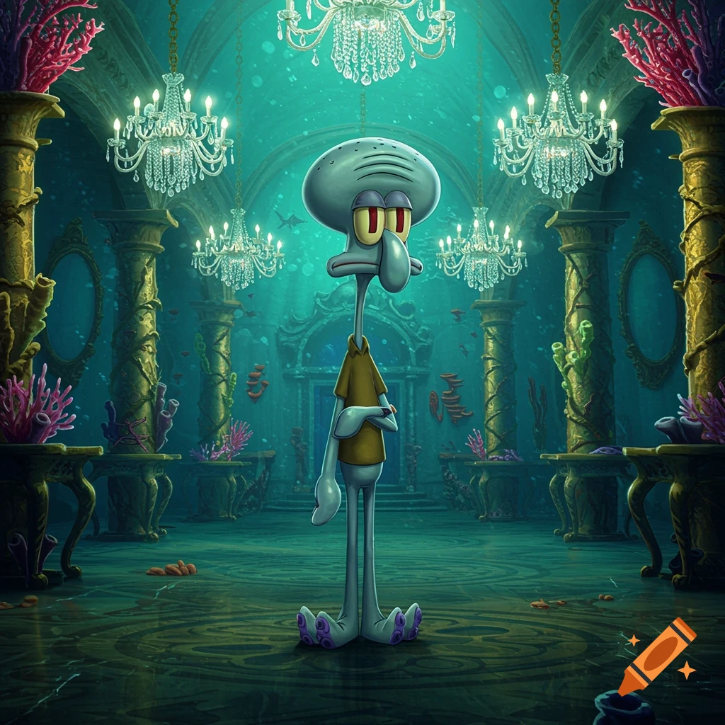 Squidward Tentacles stands in an ornate underwater hall with chandeliers and coral, in a cartoon ...