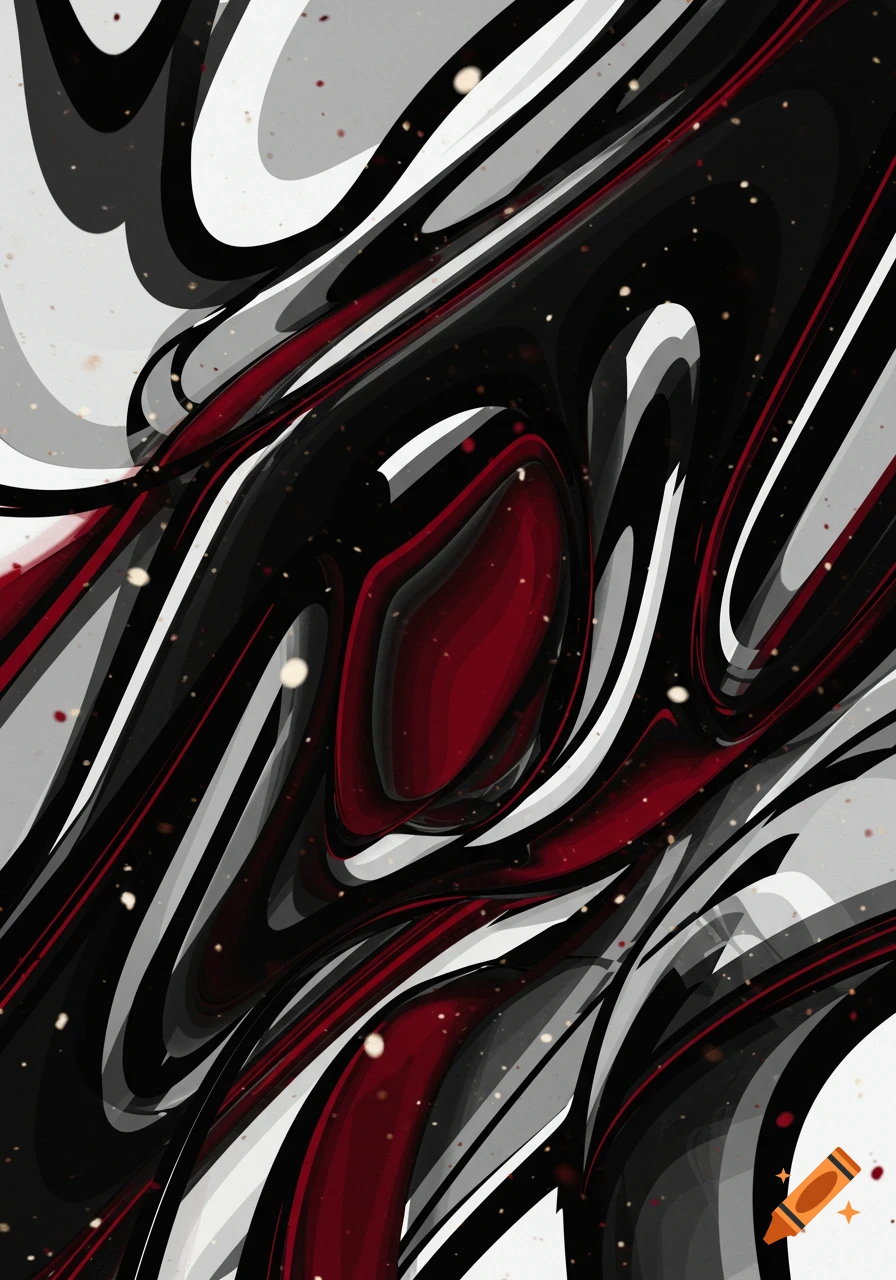 An abstract pattern of swirling black, white, gray, and dark red shapes ...