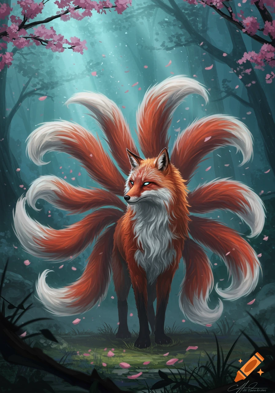 Two anime fox girls, one orange with fire, the other light blue with ...