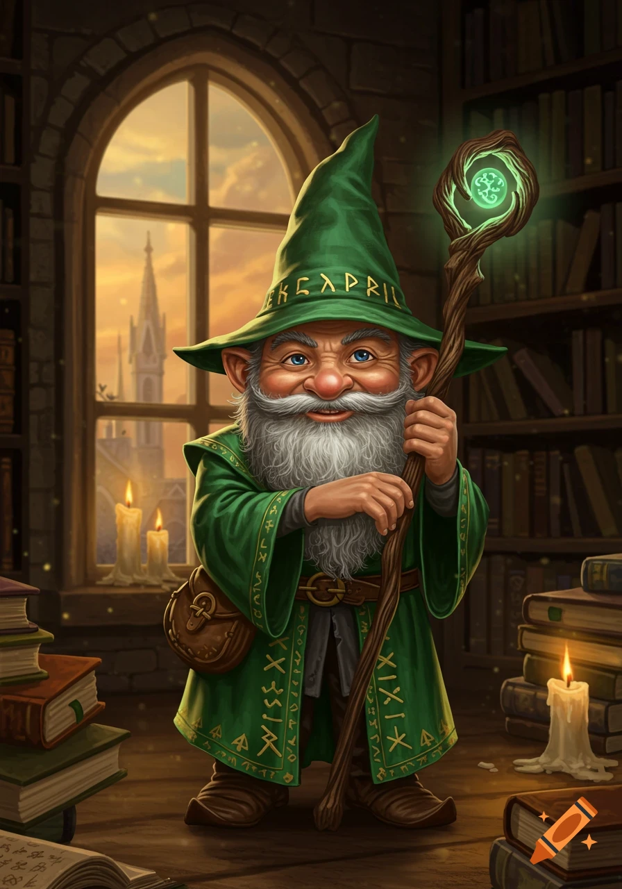 A friendly gnome wizard with a white beard and green robe holds a glowing staff in a library ...