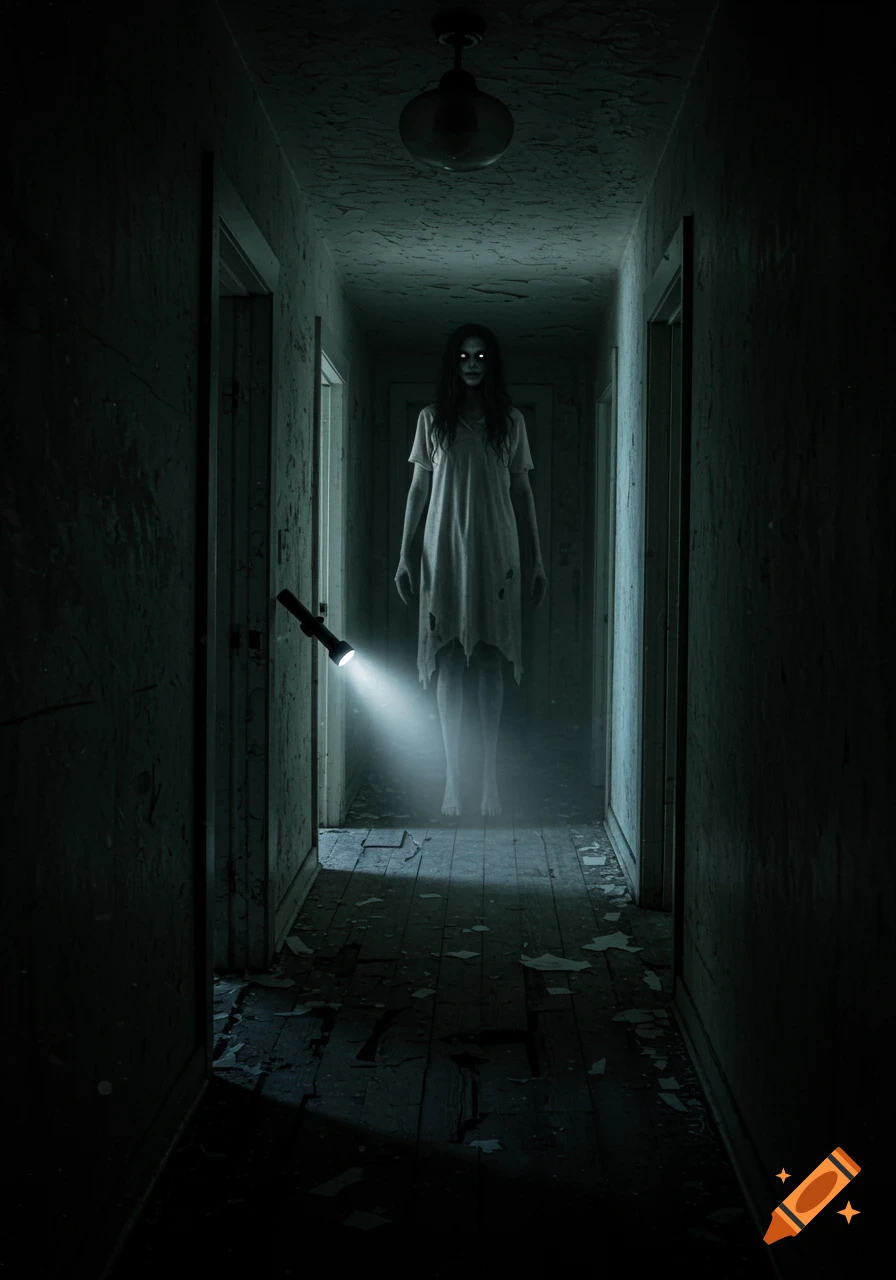 A young boy holds a flashlight, casting light down a dark, decaying ...