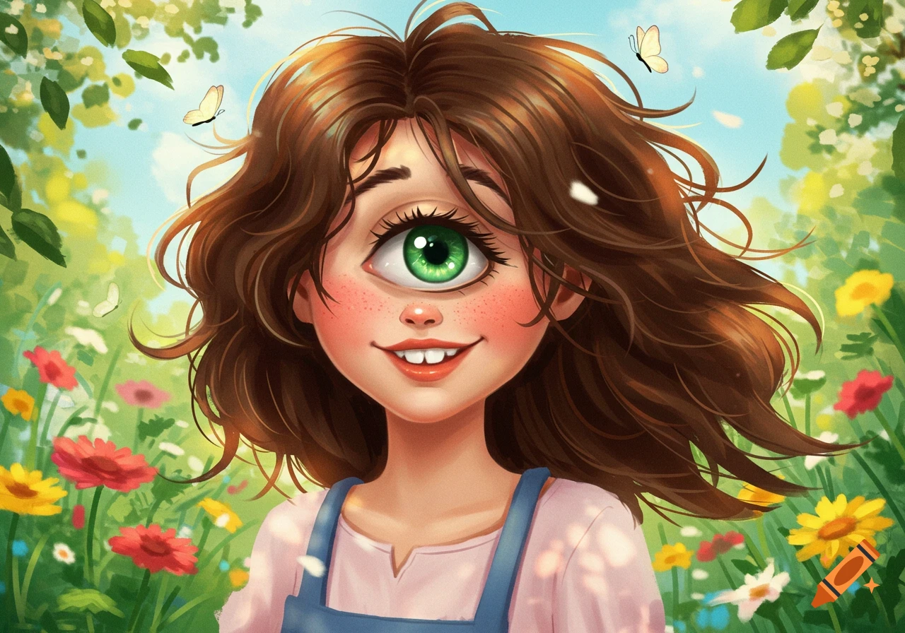 Stylized portrait of a smiling girl with one large green eye and buck ...