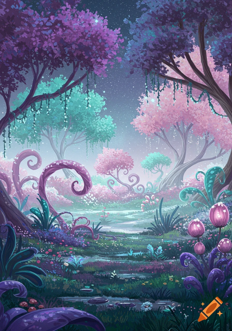 A vibrant dreamcore fantasy landscape with a large blue eye in a pastel ...