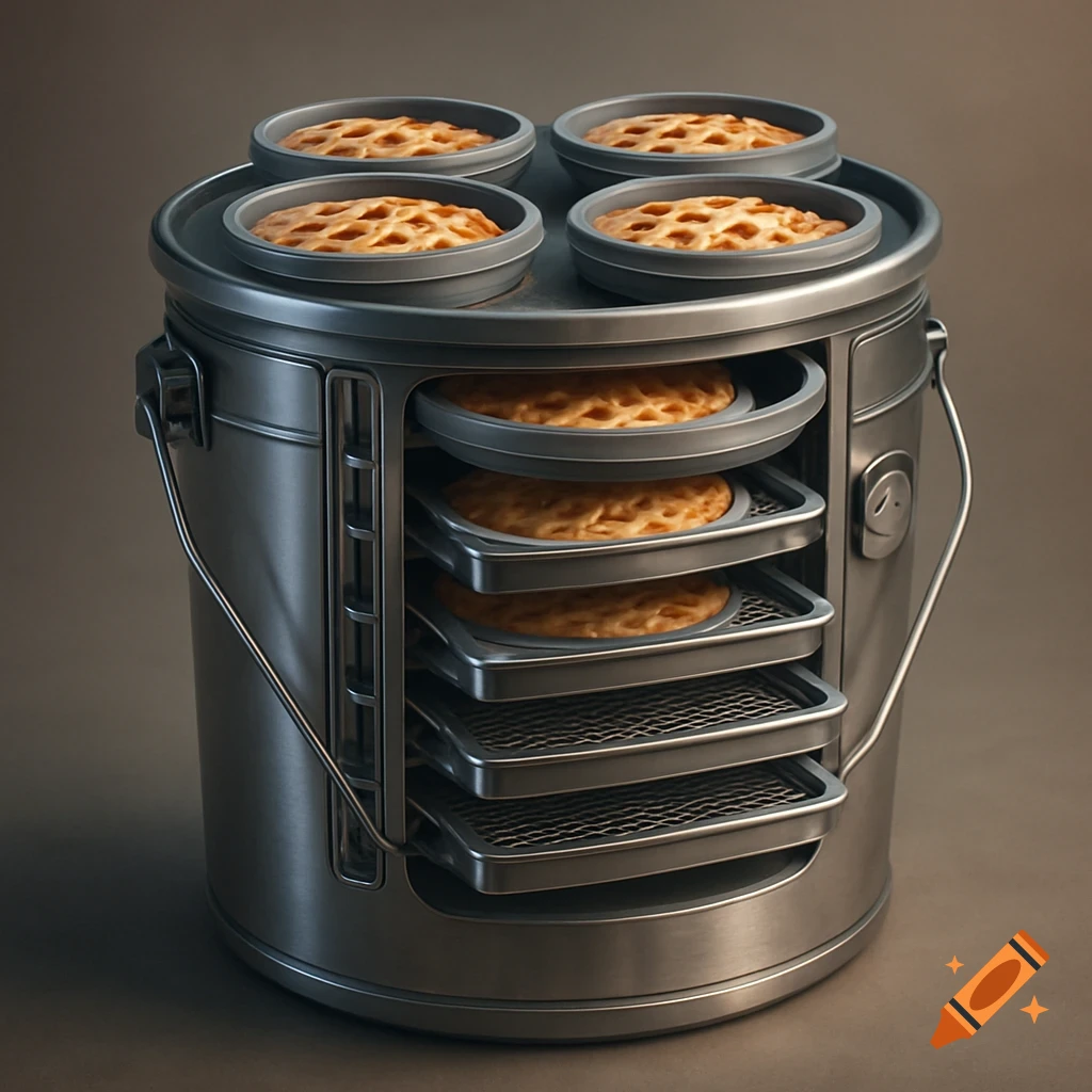 A metallic bucket-shaped appliance with multiple pull-out trays holding ...