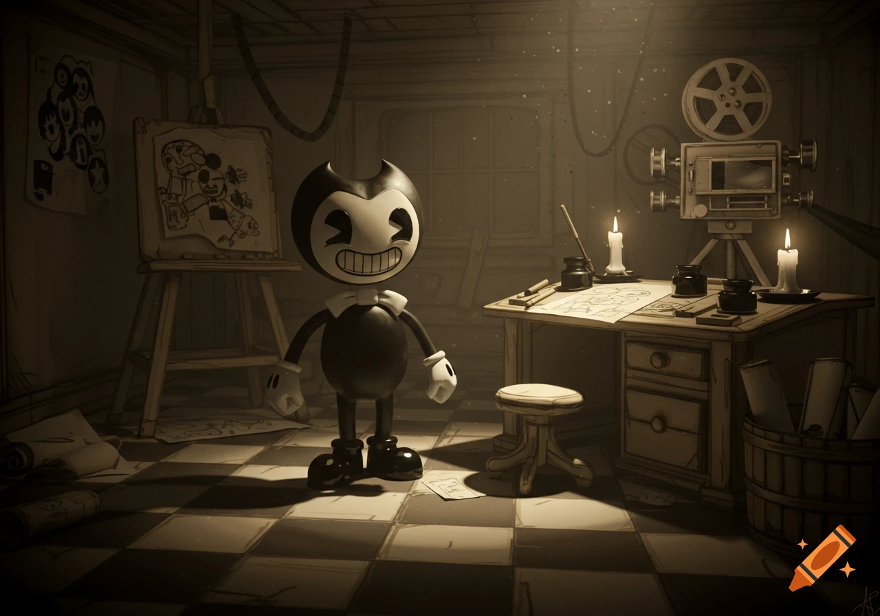 Bendy stands in a sepia-toned, vintage animation studio with an easel ...