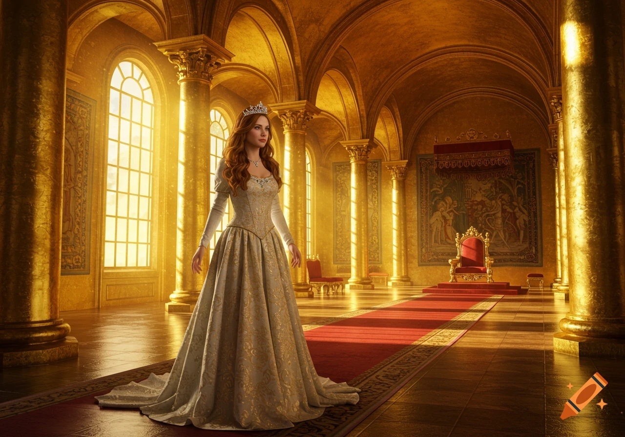 A beautiful princess in a long gown and crown stands in a golden castle ...