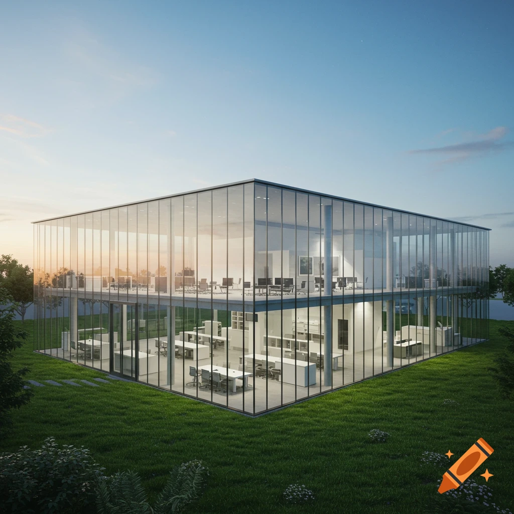 A modern white building with a large glass facade and a black roof ...