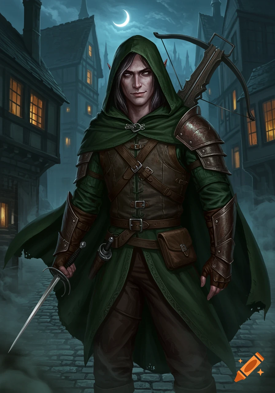 A semi-realistic detailed portrait of a male elf rogue in a green hooded cloak and leather armor ...