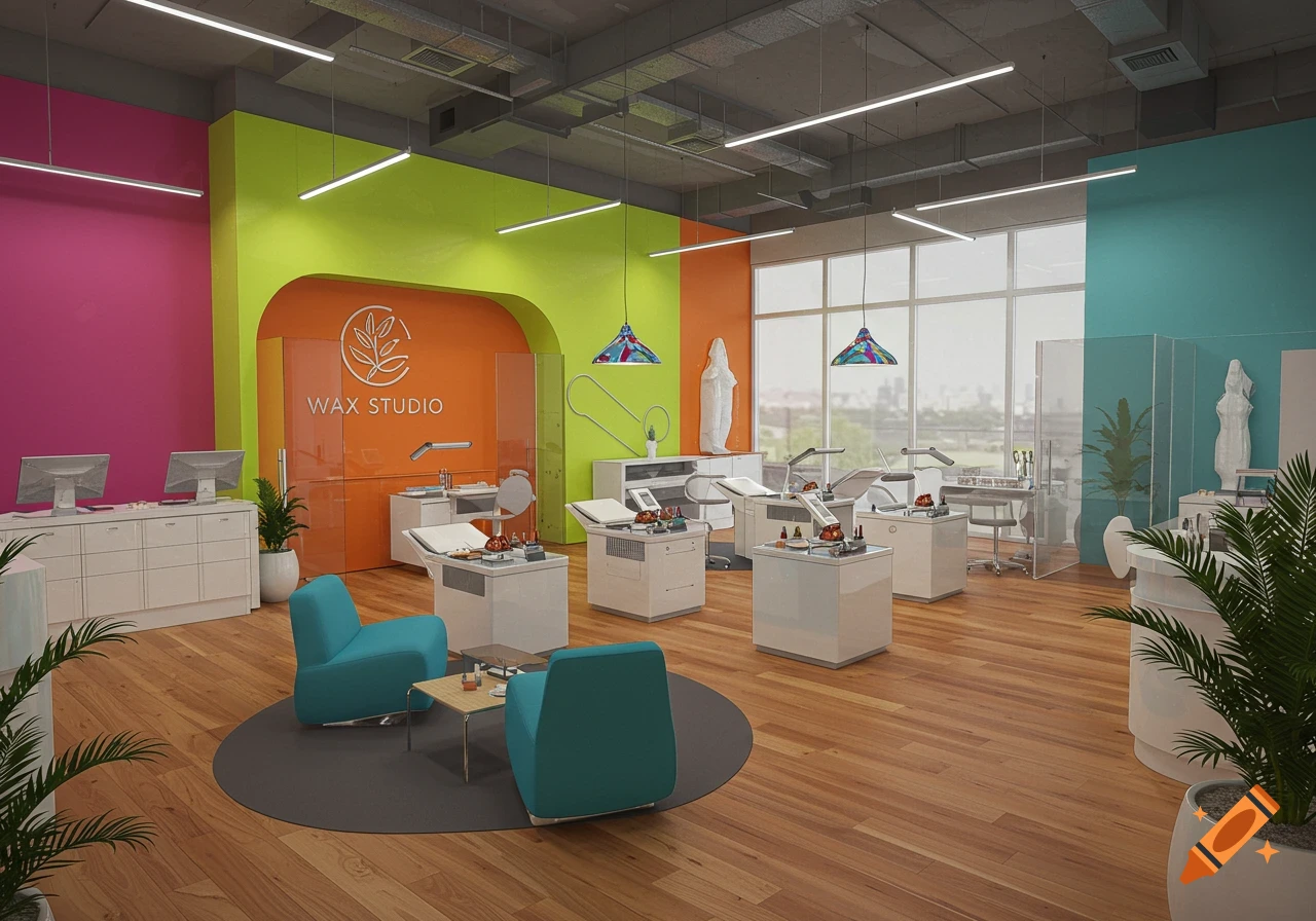A colorful, modern wax studio with treatment stations, teal chairs, and ...