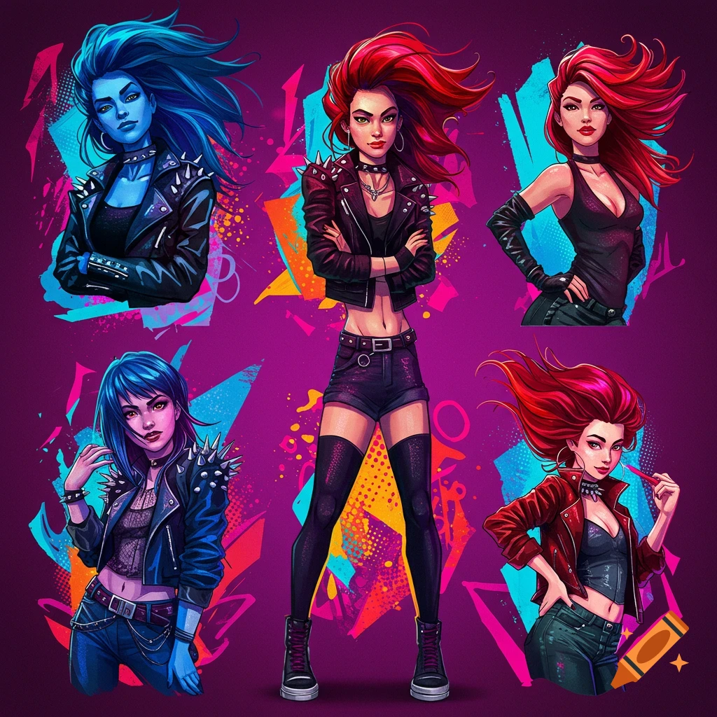 Multiple stylized female characters in punk rock outfits on a vibrant ...