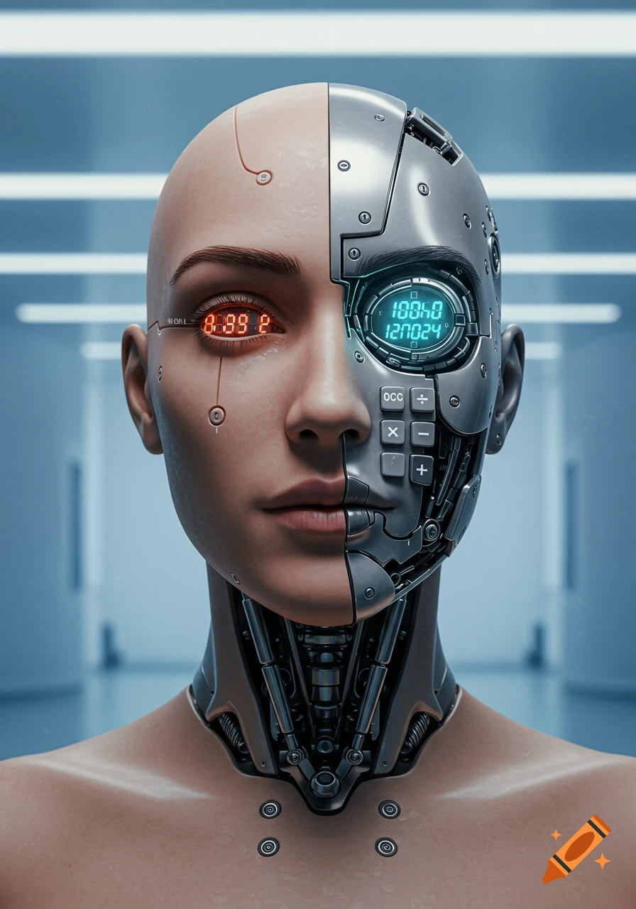 A white humanoid robot cooks breakfast in a modern kitchen, stirring a ...