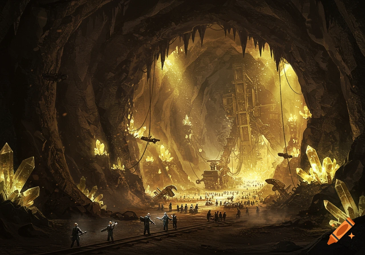A vast, lamp-lit cavern filled with glowing golden crystals. Numerous ...