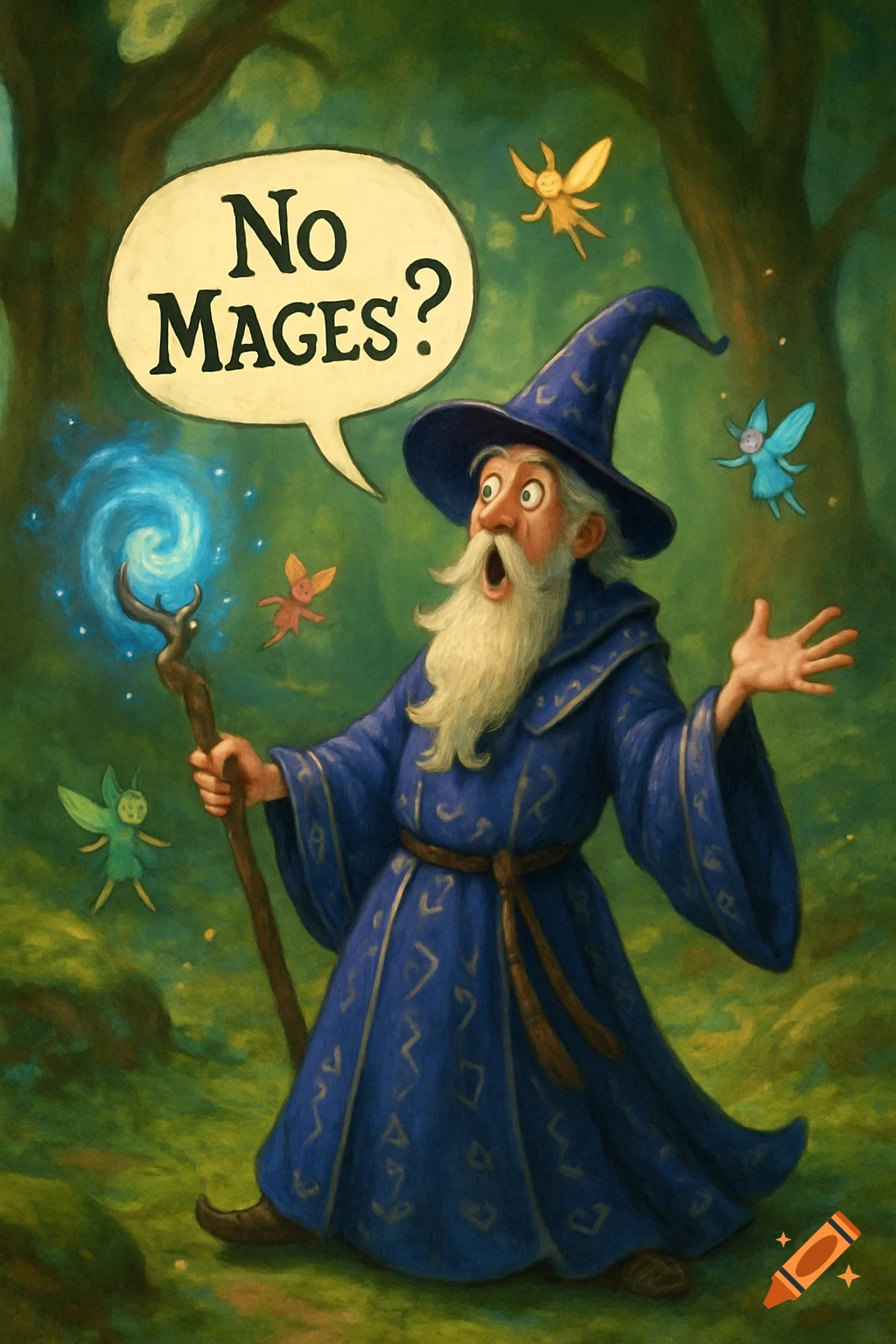 A cartoonish wizard in a blue robe holds a glowing staff, looking ...