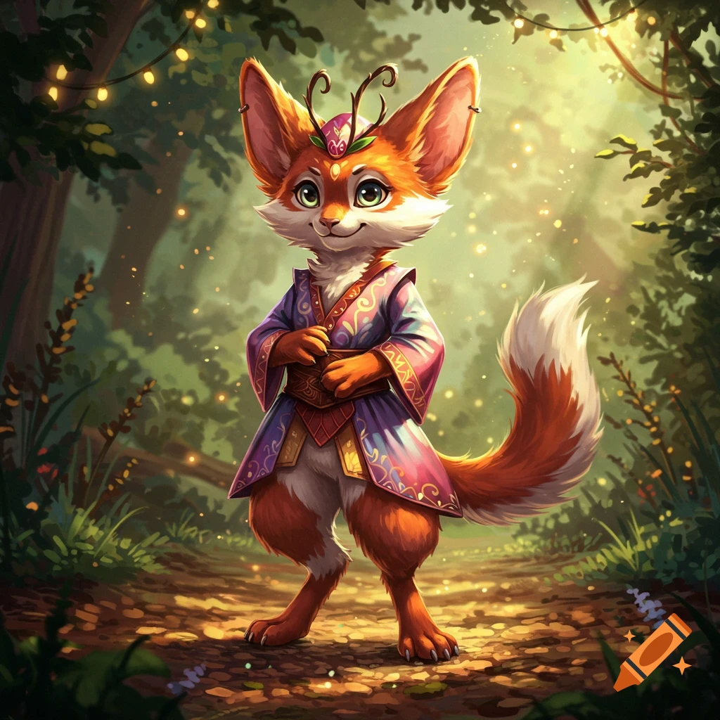 A cute, anthropomorphic fox character with big ears and green eyes ...