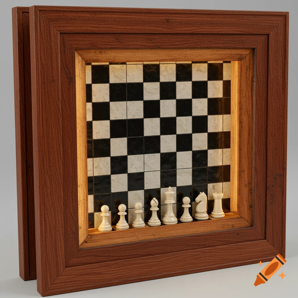 Photorealistic image of a vertical chess board in a dark wooden frame ...