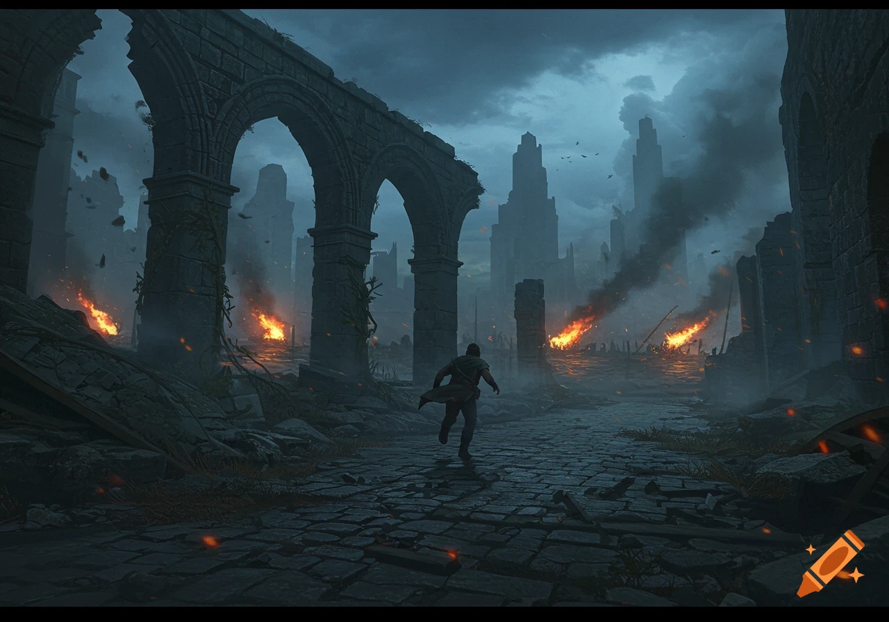 A dark, ruined fantasy city street burns, with smoke and rubble from ...