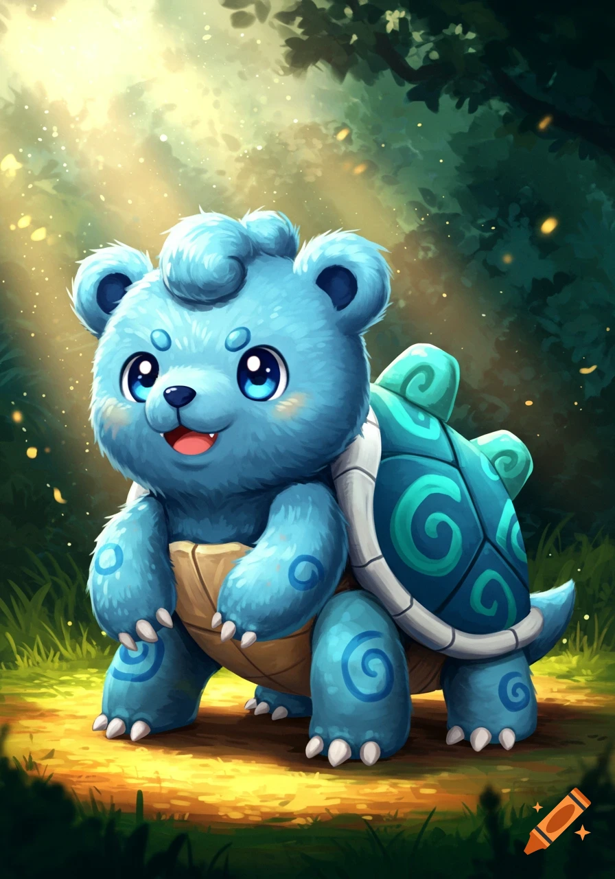 A cute blue bear-turtle hybrid creature stands in a green field under a ...
