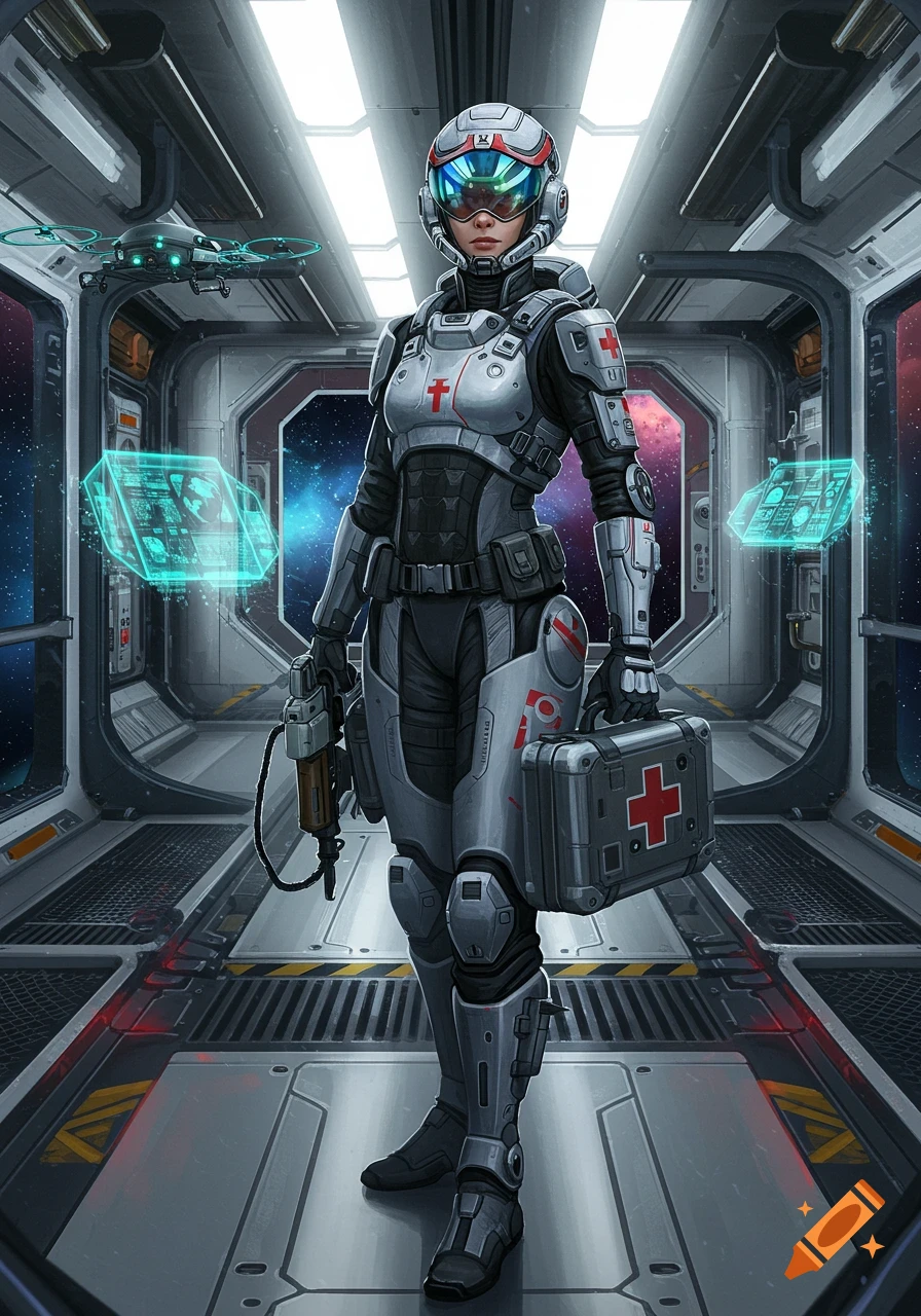 A concept sheet shows a retro-futuristic female ghost-hunter in a grey ...