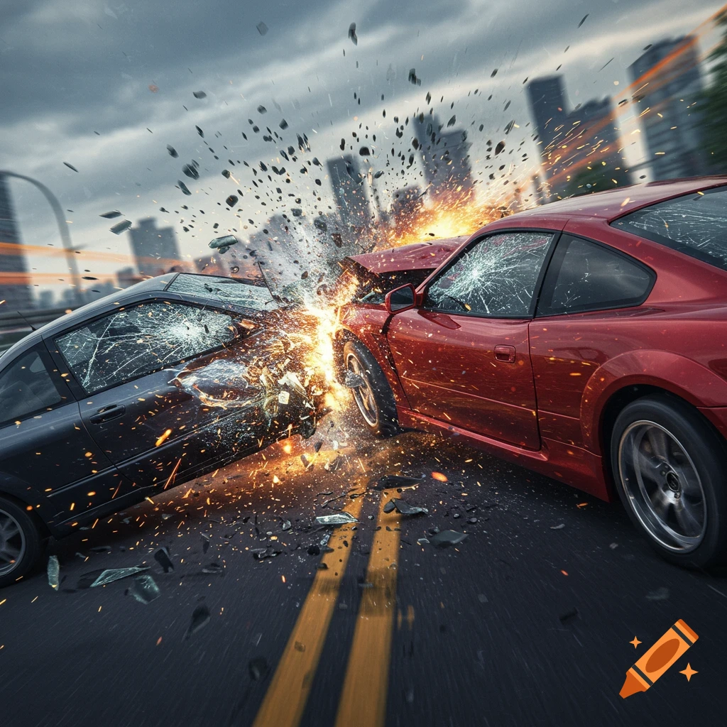 Two cars, a red sports car and a green sedan, collide in an explosive ...
