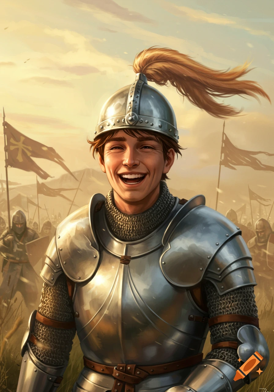 A man resembling Nigel Farage in historical armor holding a spear and ...