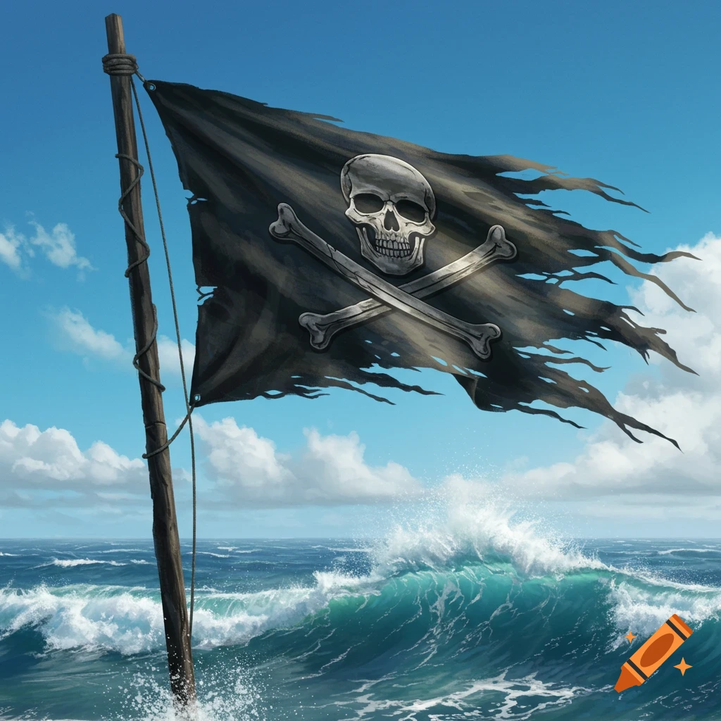 A tattered black pirate flag featuring a red-eyed robot skull and ...