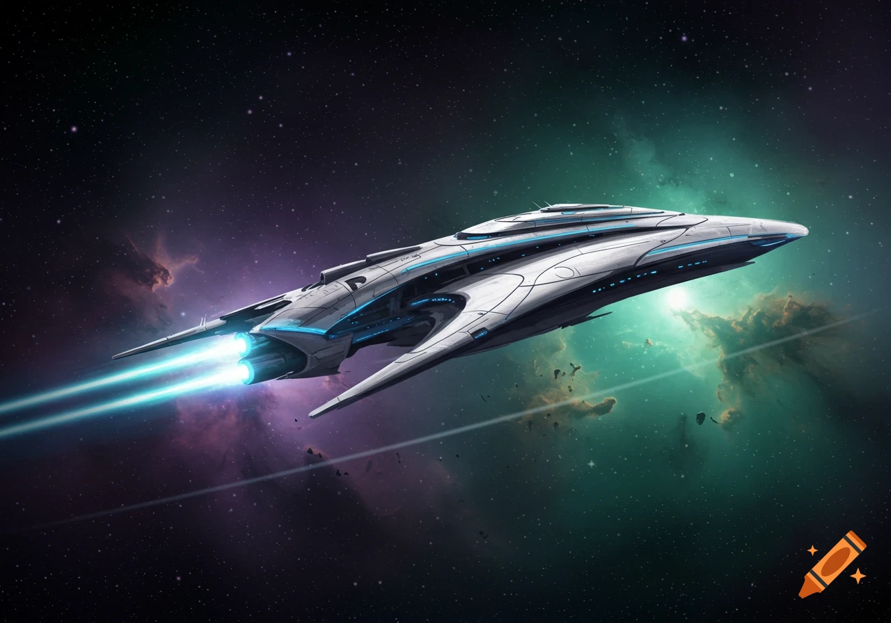 A futuristic grey spaceship with glowing green engine trails flies ...