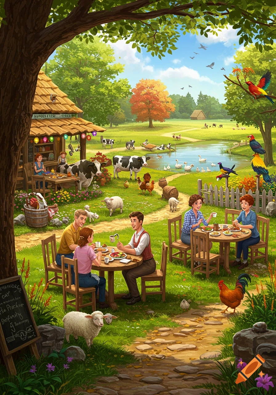 A vibrant painted illustration of children and a dog on a path near a ...