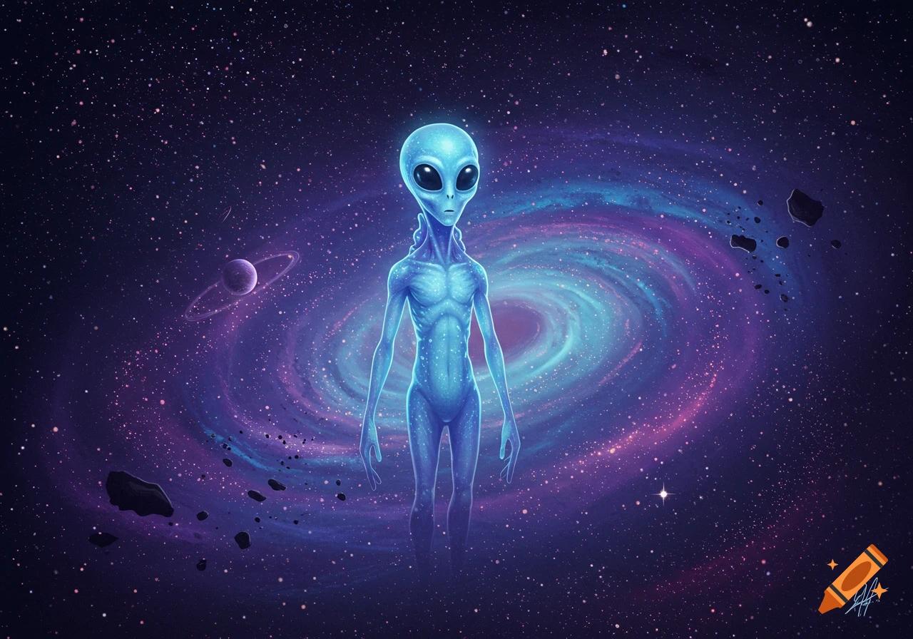 A blue alien with large cosmic eyes wears headphones, surrounded by a ...