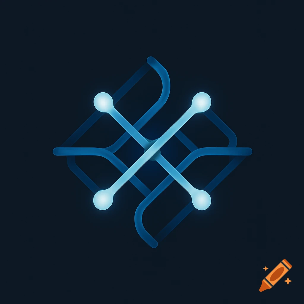 An abstract blue logo with glowing lines and nodes forming a complex ...