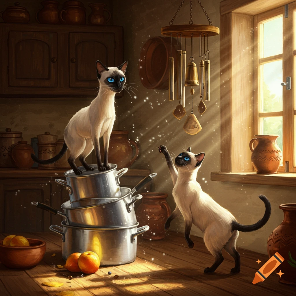 Two Siamese cats in a kitchen, one standing on stacked pots, the other ...