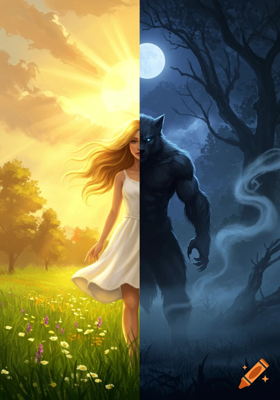 A neon green wolf and a neon yellow wolf cuddle in a dark, magical ...