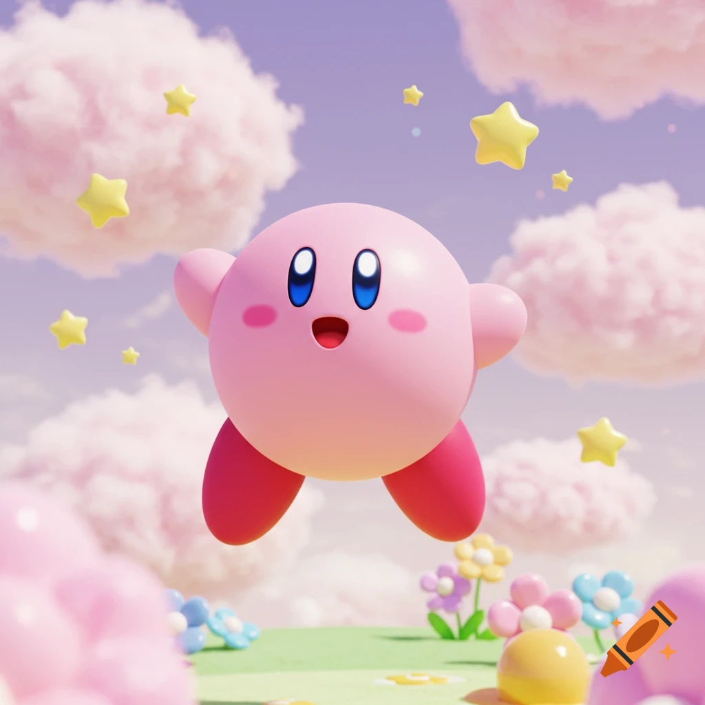 Kirby, a pink round character, floats amidst sparkling trails and stars ...