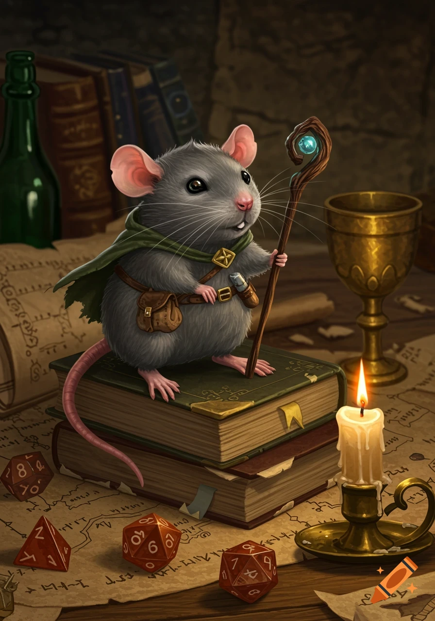 An anthropomorphic ginger cat wizard with green eyes stands in a dark ...