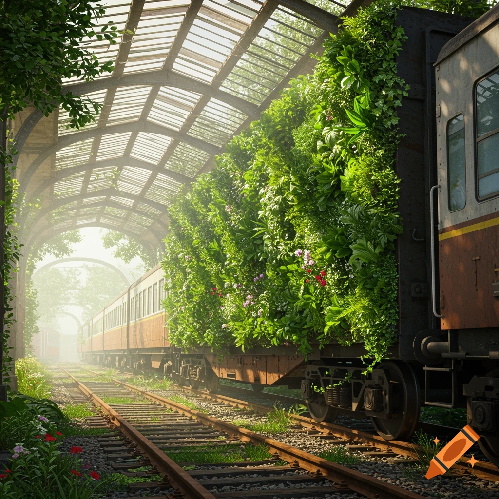 A photorealistic image of a train with a green living wall on its side ...