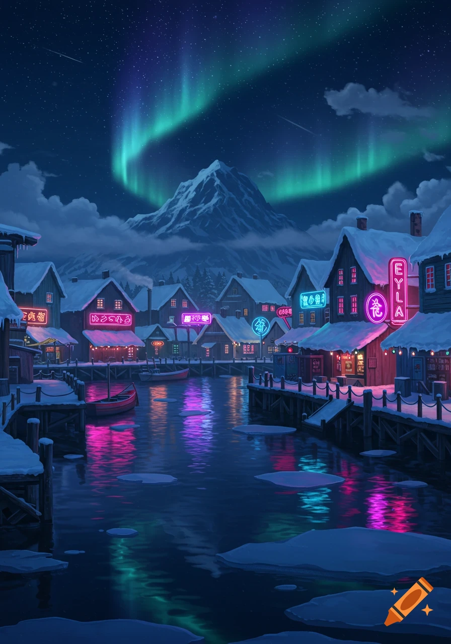 Illustrative view of a festive Christmas village nestled in a snowy ...