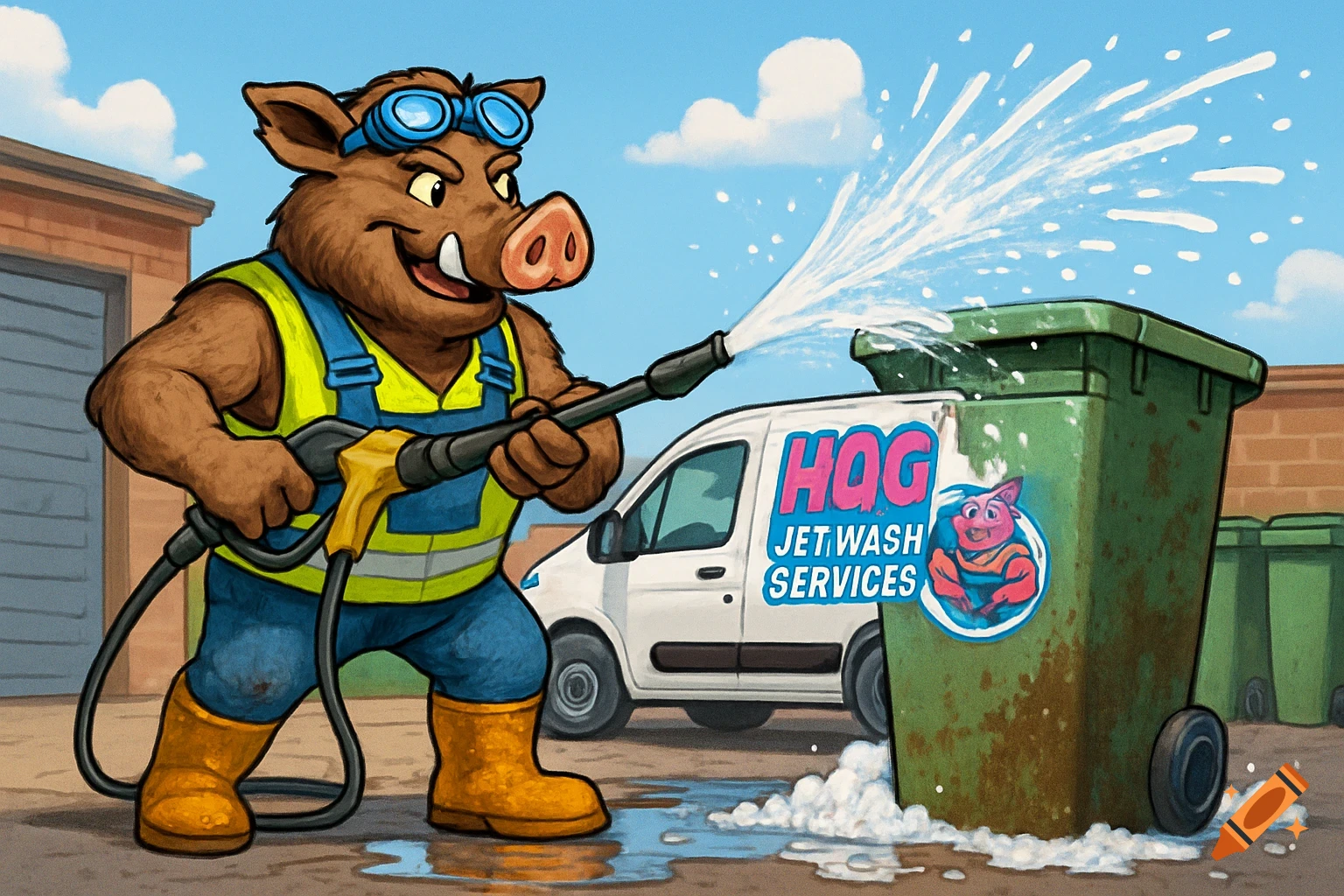 Cartoon pressure washer spraying water at cars on Craiyon