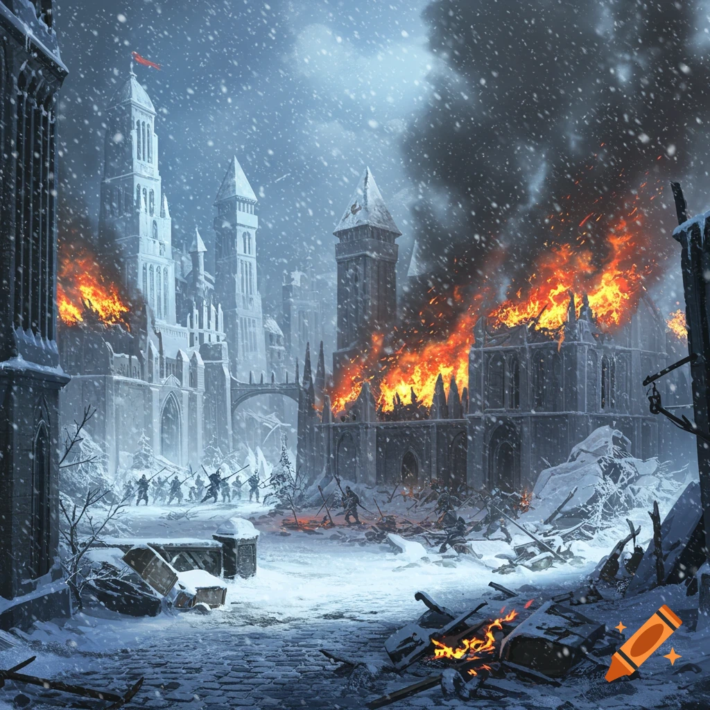 A snowy fantasy city under attack, with medieval-style buildings on ...