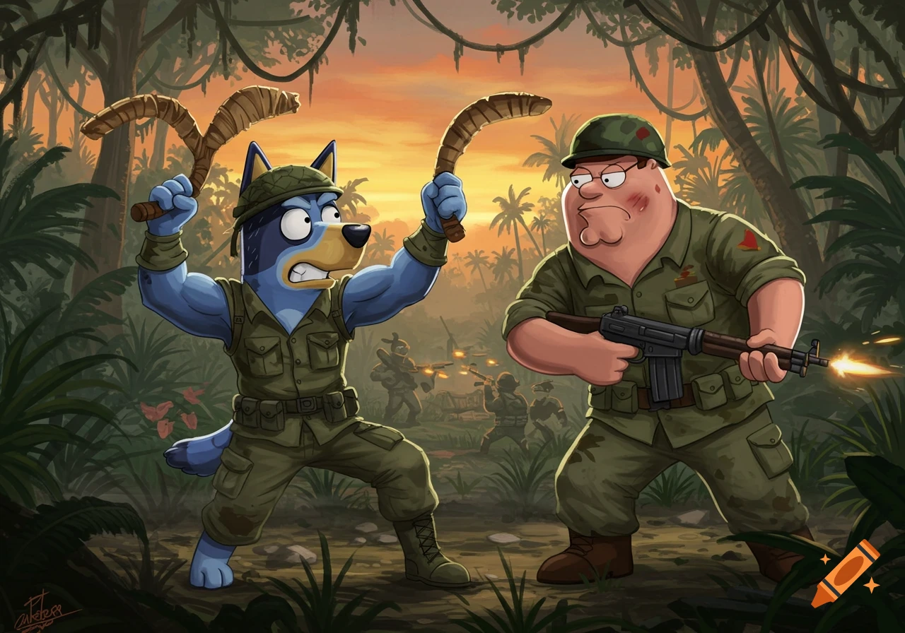 Bluey's dad and Peter Griffin in military uniforms fighting in a jungle ...