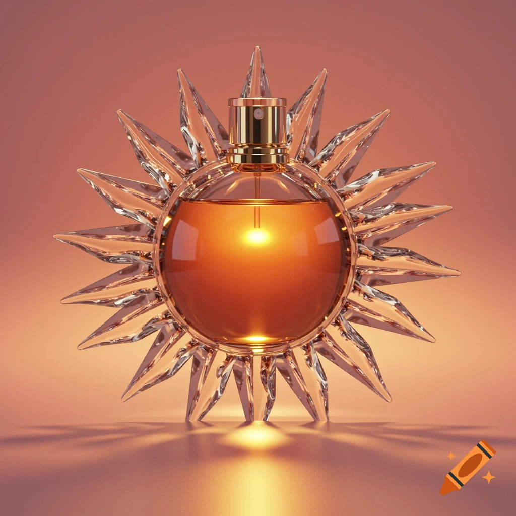 A photorealistic image of a sun-shaped glass perfume bottle with warm ...