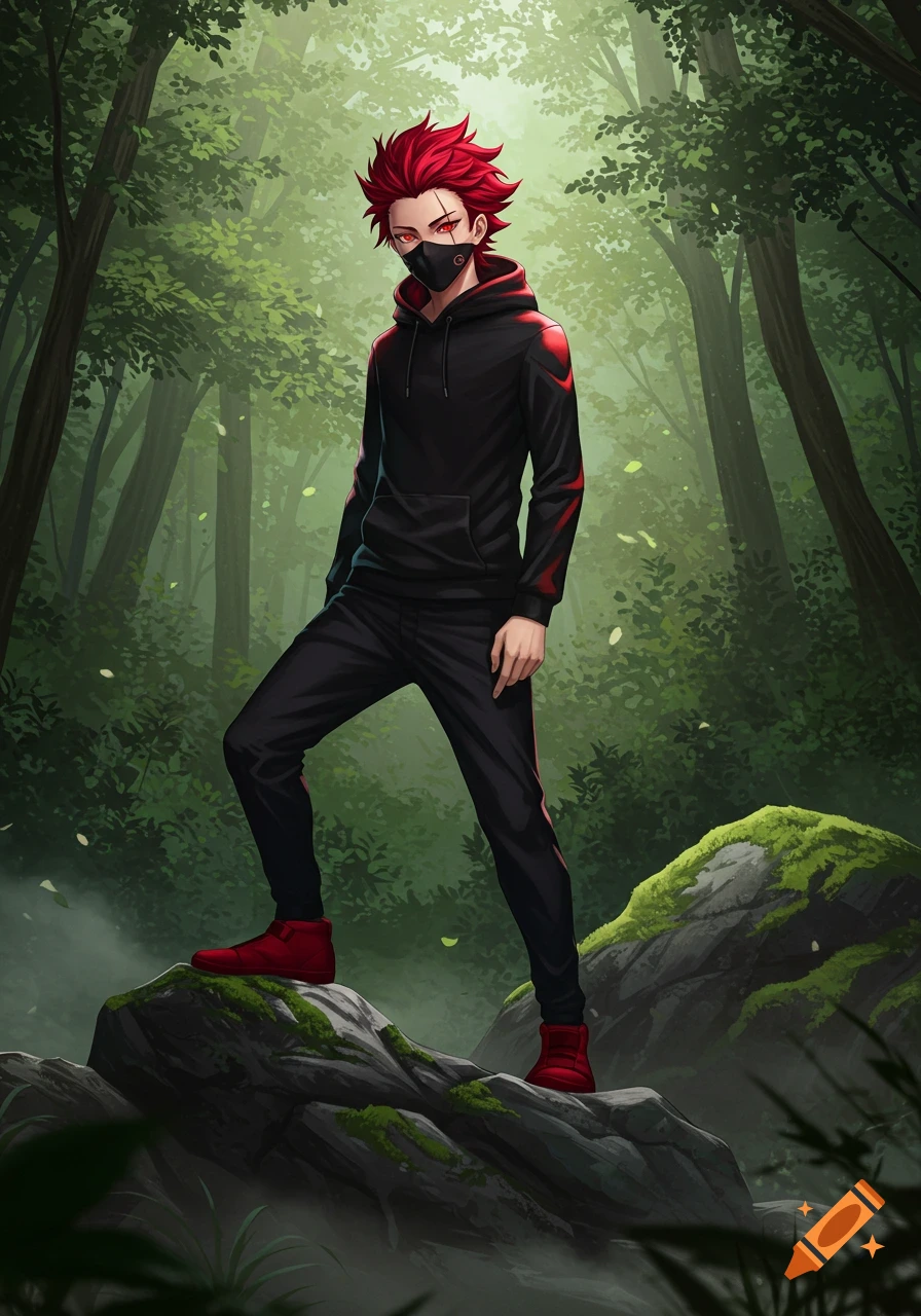 Anime character with red spiky hair, red eyes, and a face mask, wearing ...