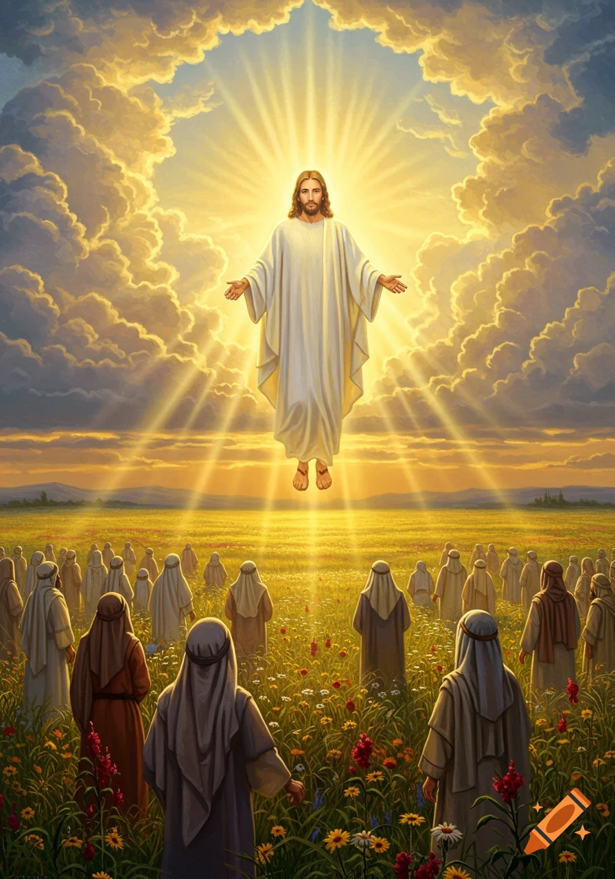 Jesus ascends into a bright, cloudy sky, radiating light over a crowd ...
