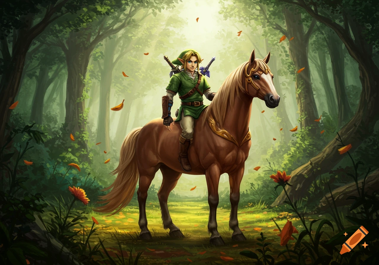 A fantasy illustration of Link from Legend of Zelda riding a brown ...