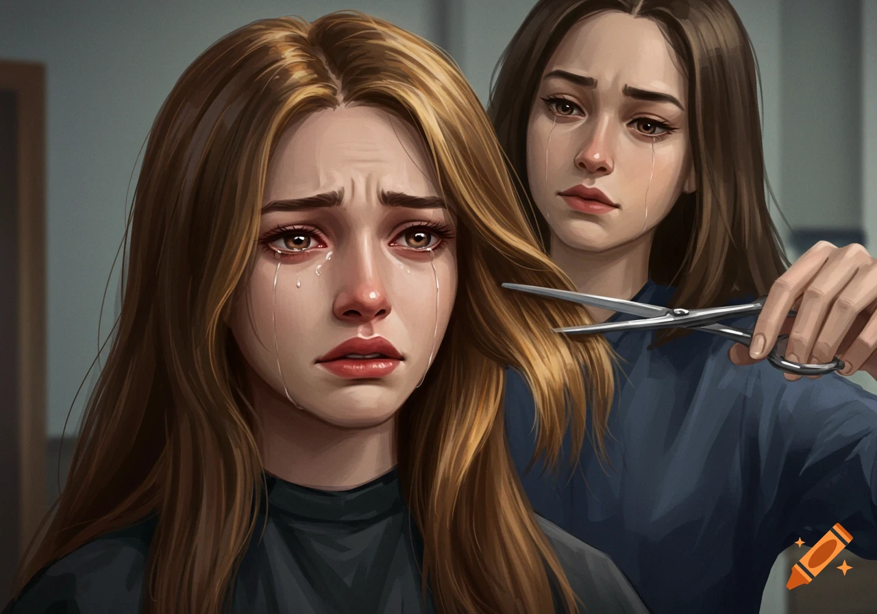 An illustration of a young woman with long hair crying while another ...