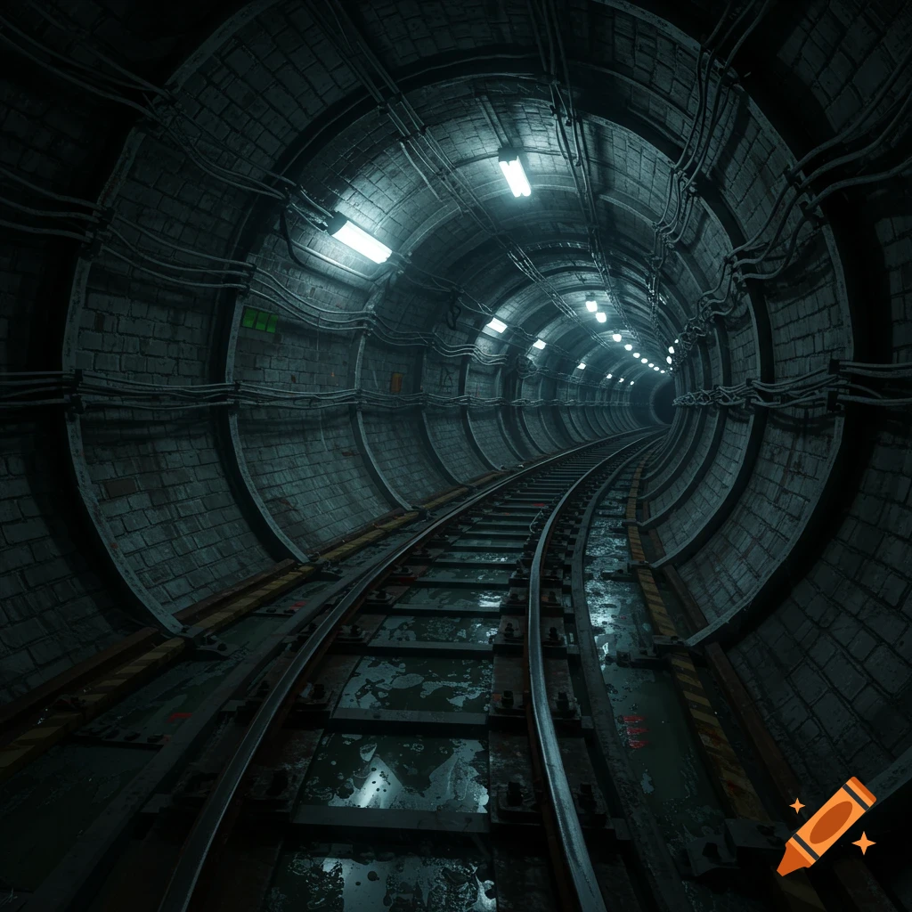 A dark and damp subway tunnel with train tracks curving into the ...